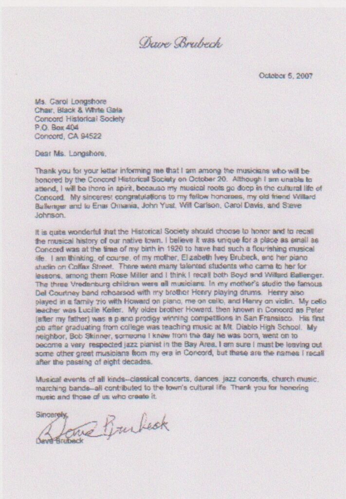 Letter from Dave Brubeck - Concord Historical Society